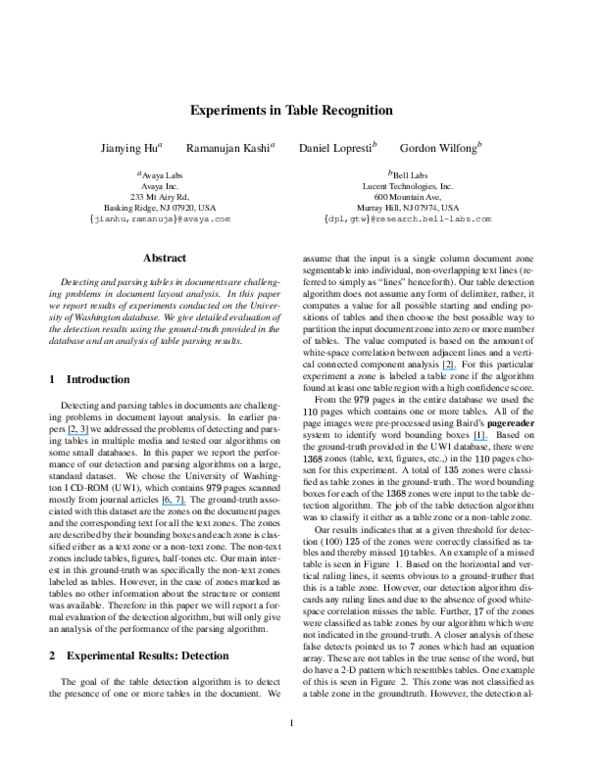 (PDF) Experiments in Table Recognition