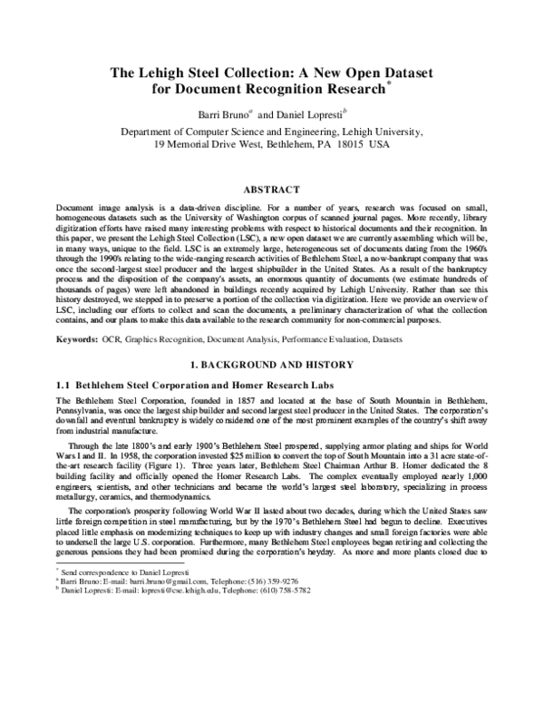 Pdf The Lehigh Steel Collection A New Open Dataset For Document Recognition Research Daniel