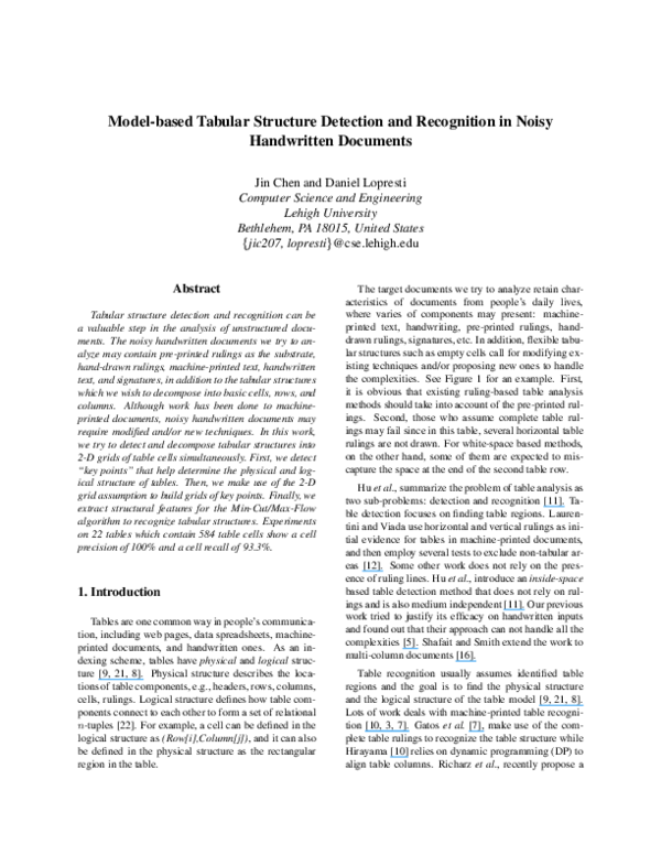 Pdf Model Based Tabular Structure Detection And Recognition In Noisy Handwritten Documents