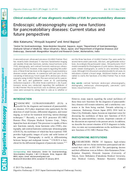 (PDF) Endoscopic ultrasonography using new functions for pancreatobiliary diseases: Current ...
