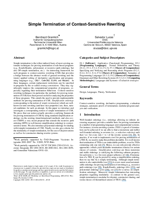 Pdf Simple Termination Of Context Sensitive Rewriting