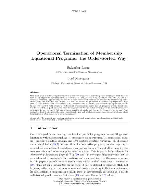 (PDF) Operational Termination of Membership Equational Programs: the Order-Sorted Way