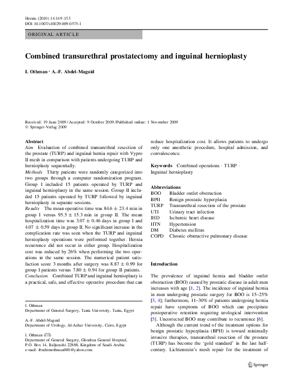 (PDF) Combined transurethral prostatectomy and inguinal hernioplasty