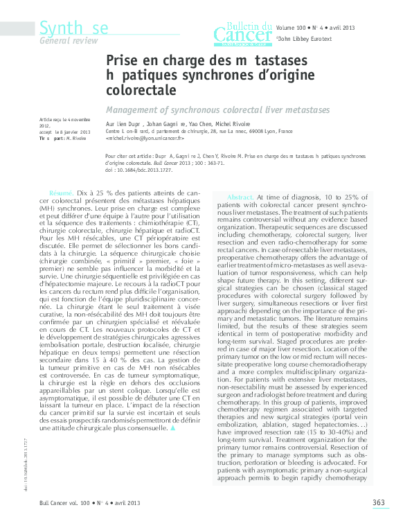 Pdf [management Of Synchronous Colorectal Liver Metastases]