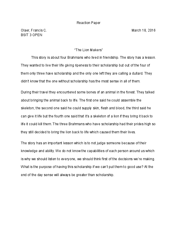 (DOC) The Lion Makers Reaction Paper