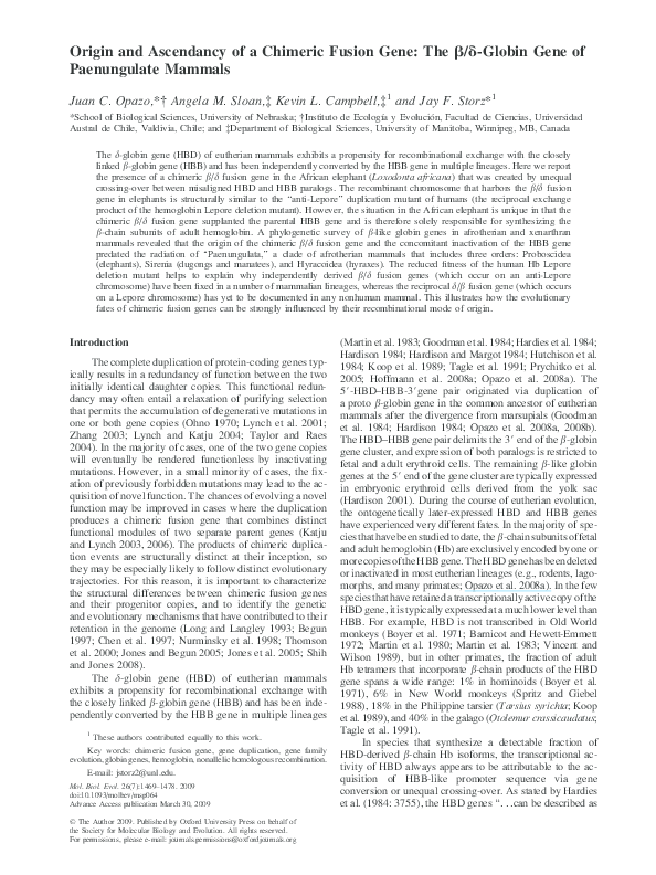 (PDF) Origin and Ascendancy of a Chimeric Fusion Gene: The beta/delta-Globin Gene of ...
