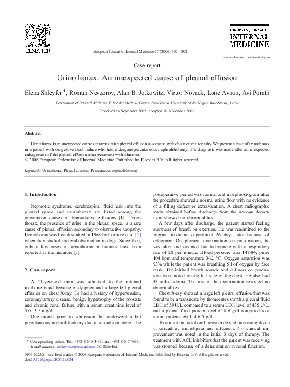 (PDF) Urinothorax: An unexpected cause of pleural effusion
