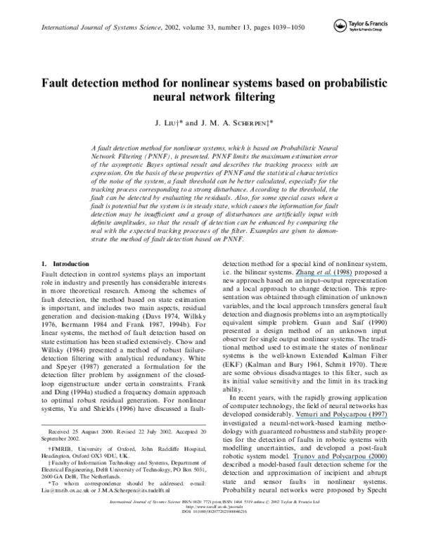 (PDF) Fault detection method for nonlinear systems based on probabilistic neural network filtering