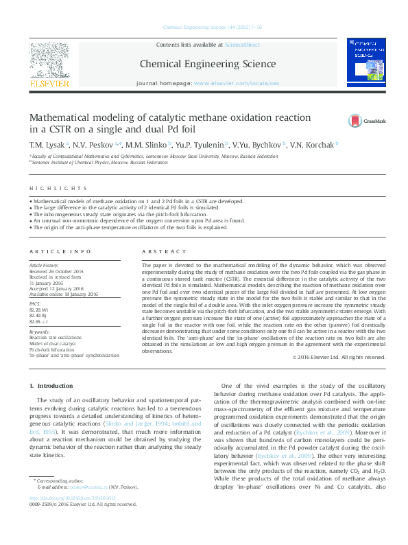 (PDF) Mathematical modeling of catalytic methane oxidation reaction in ...