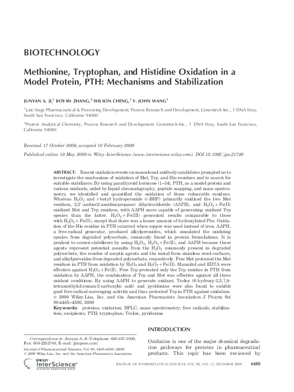 (PDF) Methionine, tryptophan, and histidine oxidation in a model ...