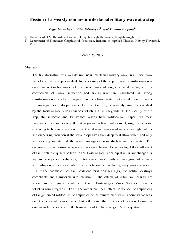 (PDF) Fission of a weakly nonlinear interfacial solitary wave at a step