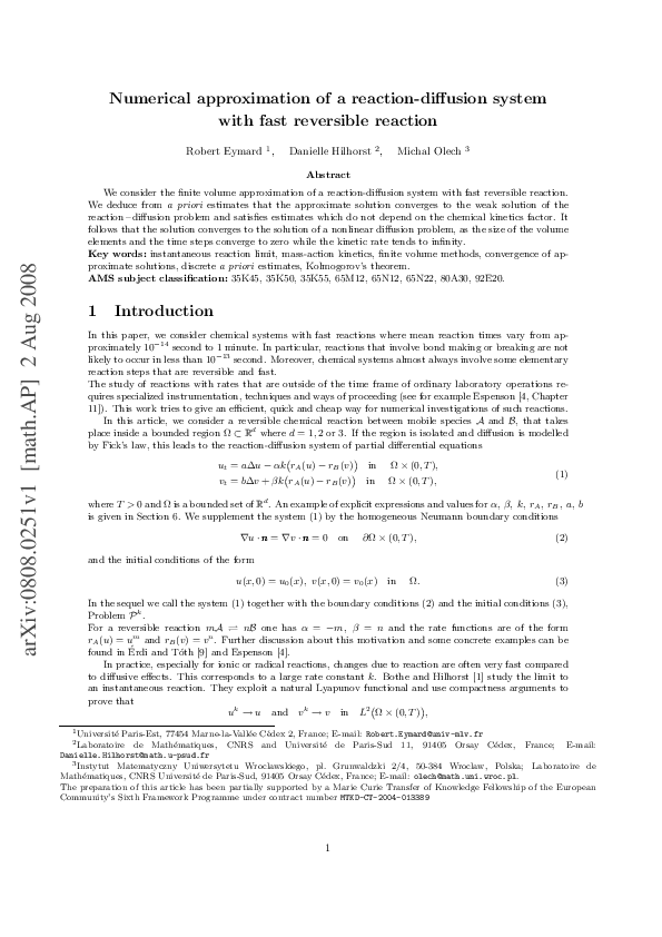 Pdf Numerical Approximation Of A Reaction Diffusion System With Fast Reversible Reaction