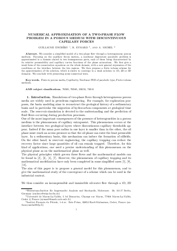 (PDF) Numerical Approximation of a Two-phase Flow Problem in a Porous Medium with Discontinuous ...