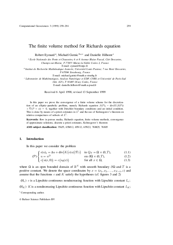 (PDF) The finite volume method for Richards equation