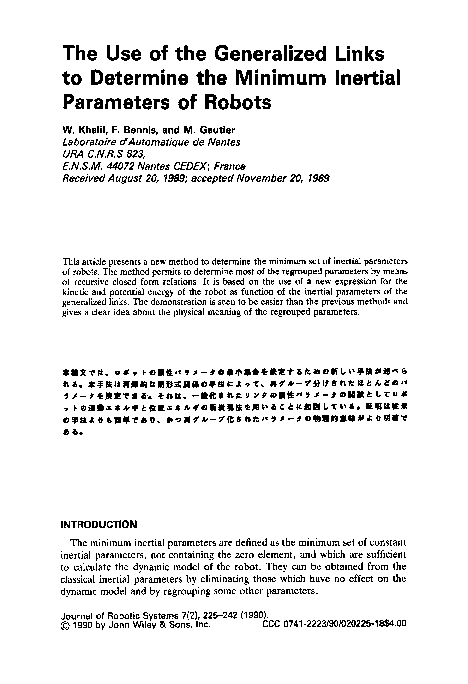 (PDF) The use of the generalized links to determine the minimum inertial parameters of robots