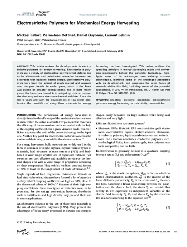 (PDF) Electrostrictive polymers for mechanical energy harvesting