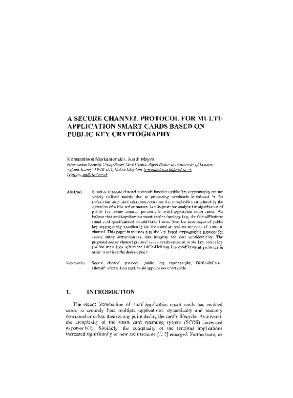 (PDF) A Secure Channel Protocol for Multi-Application Smart Cards Based on Public Key Cryptography