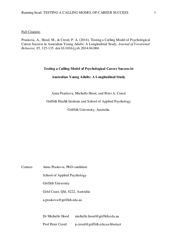 (PDF) Testing a Calling Model of Psychological Career Success in ...
