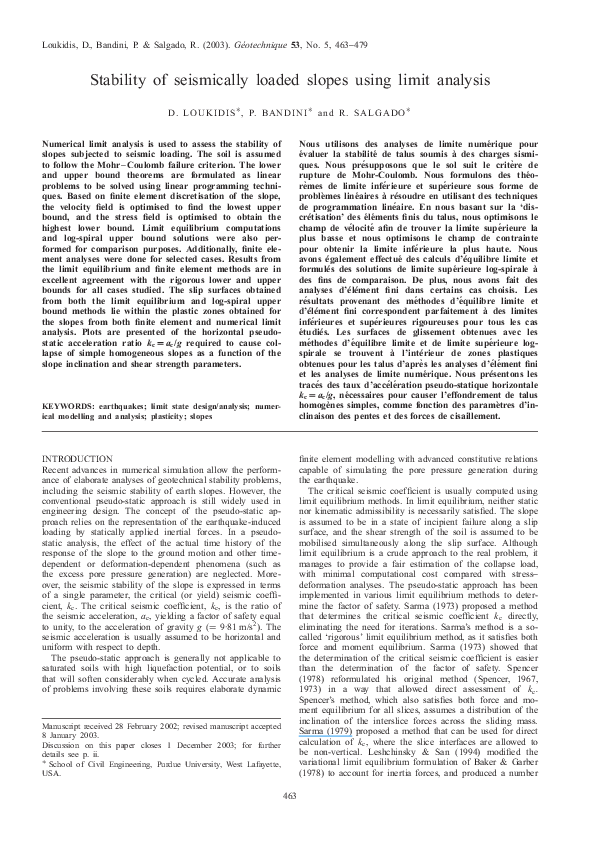 (PDF) Stability of seismically loaded slopes using limit analysis