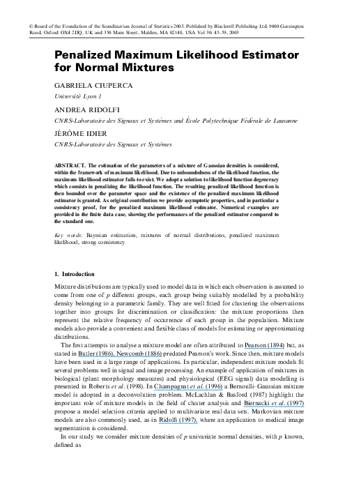 Pdf Penalized Maximum Likelihood Estimator For Normal Mixtures
