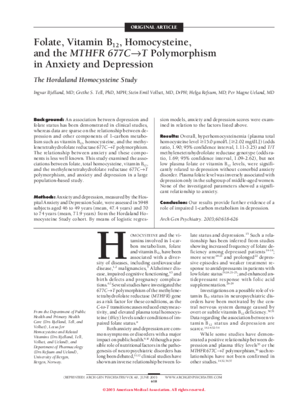 (PDF) Folate, Vitamin B12, Homocysteine, and the MTHFR 677C→T Polymorphism in Anxiety and Depression