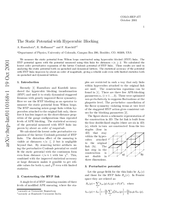 (PDF) The static potential with hypercubic blocking