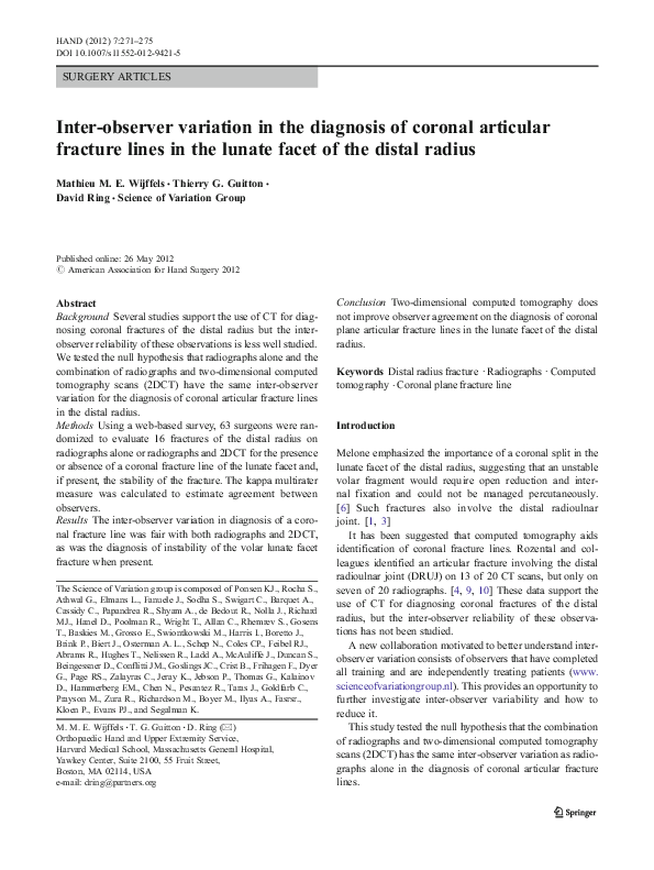 (PDF) Inter-observer variation in the diagnosis of coronal articular ...