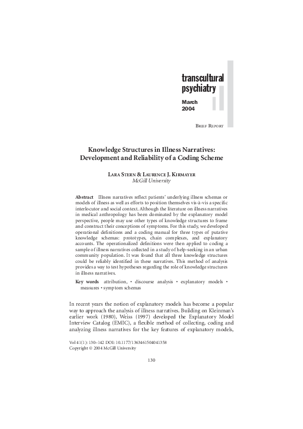 (PDF) Knowledge structures in illness narratives: development and reliability of a coding scheme ...