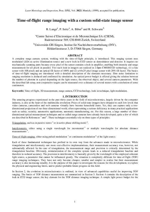 (PDF) Time-of-flight range imaging with a custom solid state image sensor