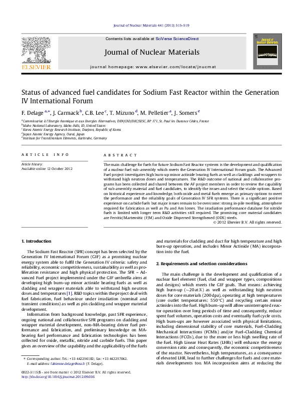 (PDF) Status of advanced fuel candidates for Sodium Fast Reactor within ...