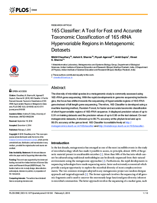 (PDF) 16S Classifier: A Tool for Fast and Accurate Taxonomic Classification of 16S rRNA ...
