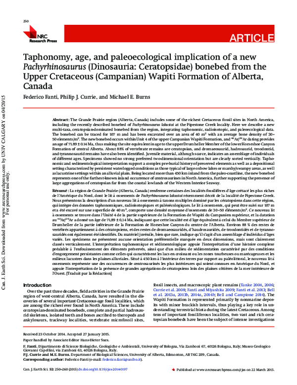 (PDF) A new Pachyrhinosaurus bonebed from the late Cretaceous Wapiti ...