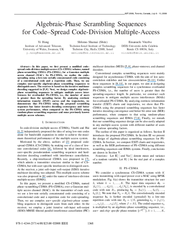 (PDF) Algebraic-Phase Scrambling Sequences for Code-Spread Code-Division Multiple-Access