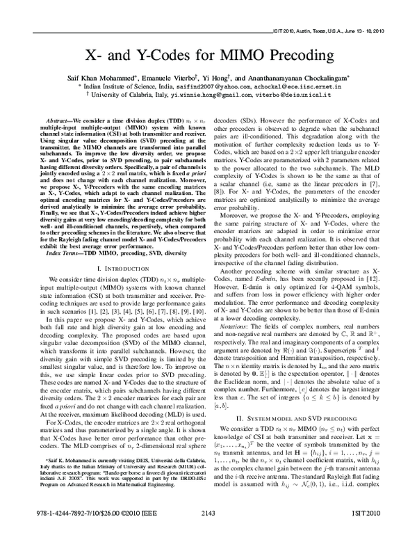 (PDF) X- and Y-Codes for MIMO precoding