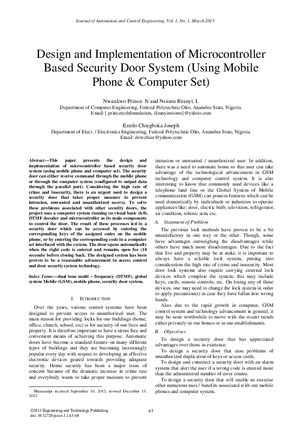 Pdf Design And Implementation Of Microcontroller Based Security Door System Using Mobile