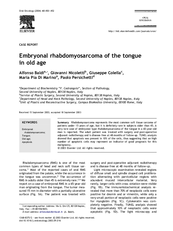 (PDF) Embryonal rhabdomyosarcoma of the tongue in old age