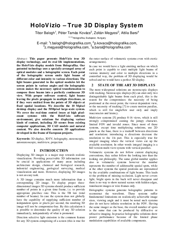 (PDF) HoloVizio True 3D Display System