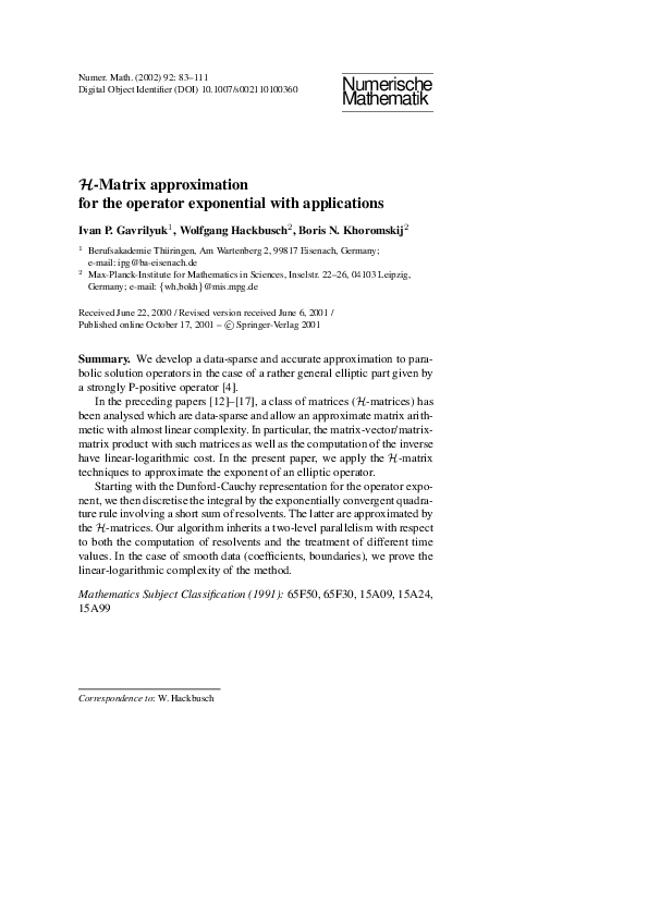 (PDF) H-matrix approximation for the operator exponential with applications