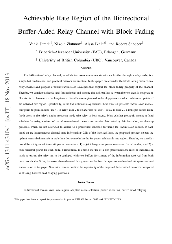 (PDF) Achievable Rate Region of the Bidirectional Buffer-Aided Relay Channel With Block Fading
