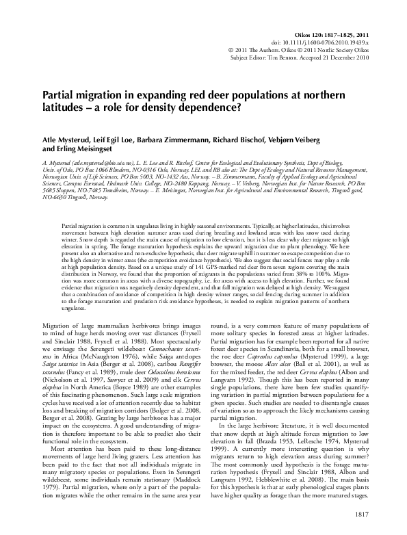 (PDF) Partial migration in expanding red deer populations at northern ...