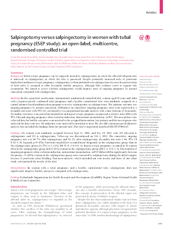 (PDF) Salpingotomy versus salpingectomy in women with tubal pregnancy ...