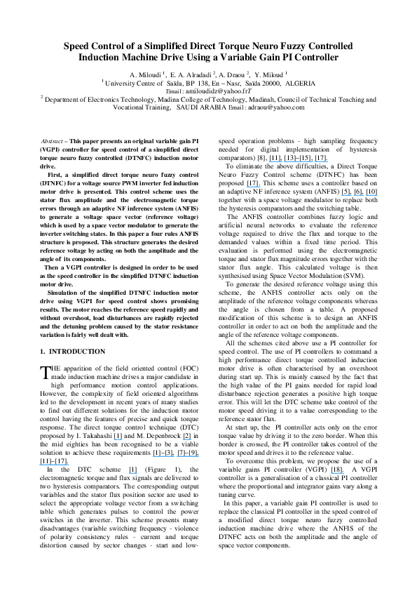 Pdf Speed Control Of A Simplified Direct Torque Neuro Fuzzy Controlled Induction Machine Drive