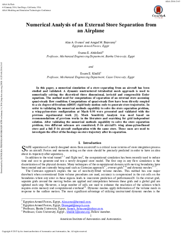 (PDF) Numerical Analysis of an External Store Separation from an Airplane