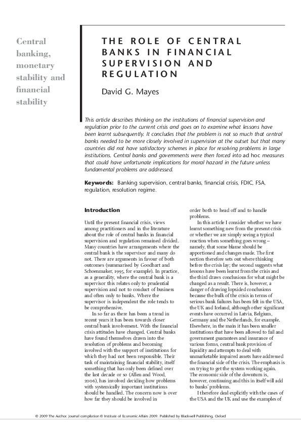 (PDF) THE ROLE OF CENTRAL BANKS IN FINANCIAL SUPERVISION AND REGULATION