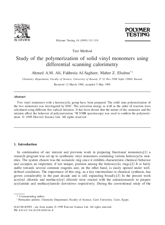 (PDF) Study of the polymerization of solid vinyl monomers using differential scanning calorimetry