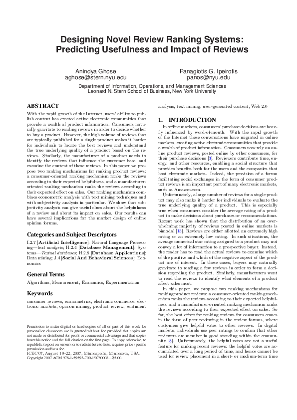 (PDF) Designing novel review ranking systems