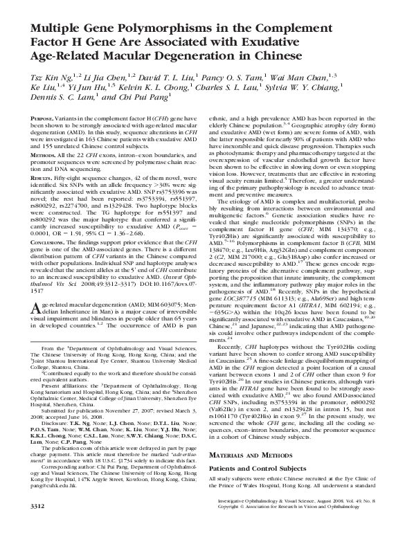 (PDF) Multiple Gene Polymorphisms in the Complement Factor H Gene Are Associated with Exudative ...