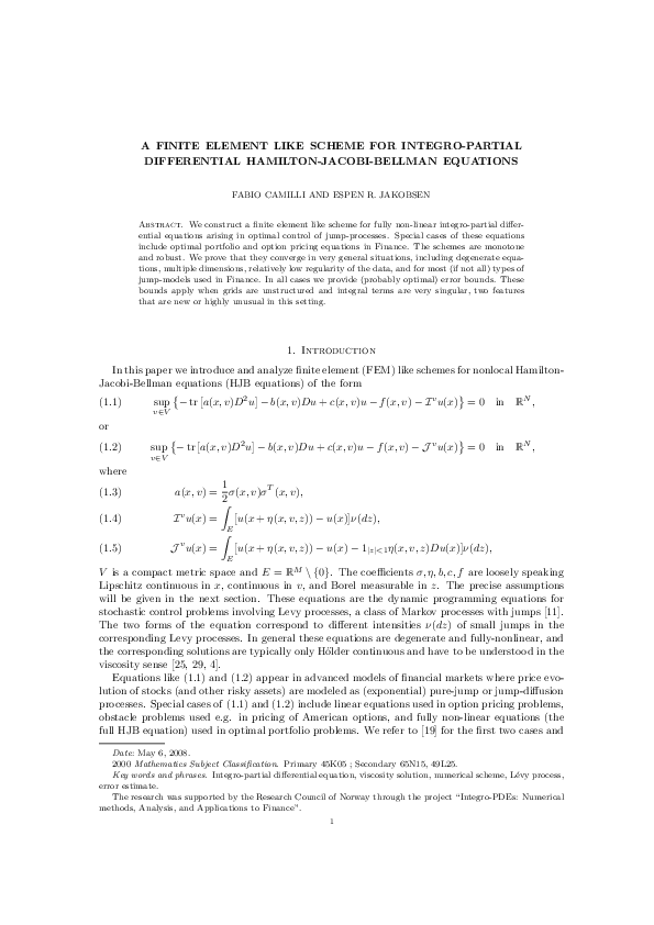 (PDF) A Finite Element Like Scheme for Integro-Partial Differential Hamilton–Jacobi–Bellman ...