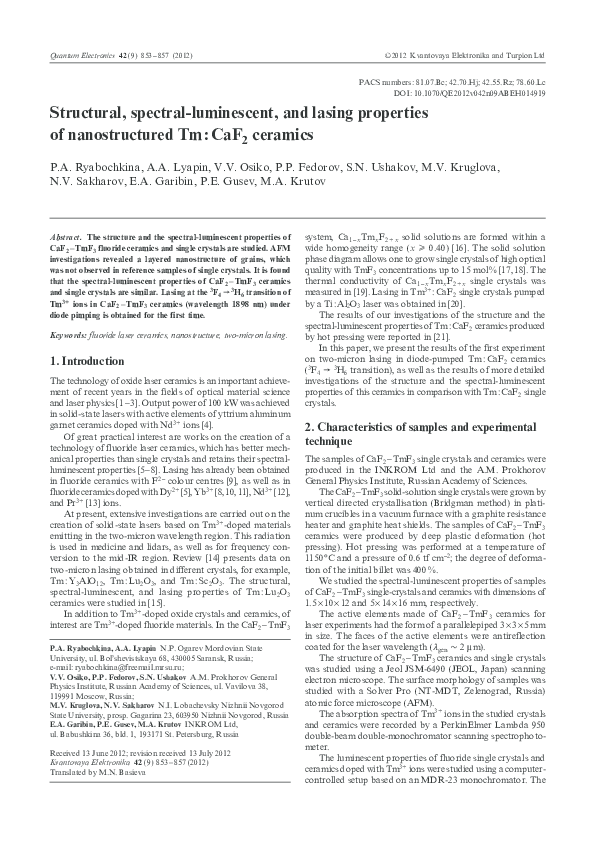 (PDF) Structural, spectral-luminescent, and lasing properties of nanostructured Tm : CaF 2 ceramics