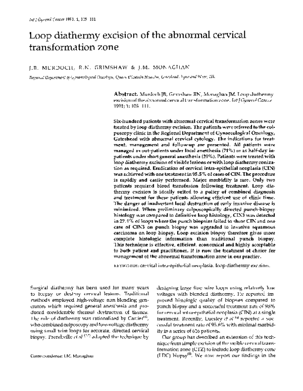 (PDF) Loop diathermy excision of the abnormal cervical transformation zone